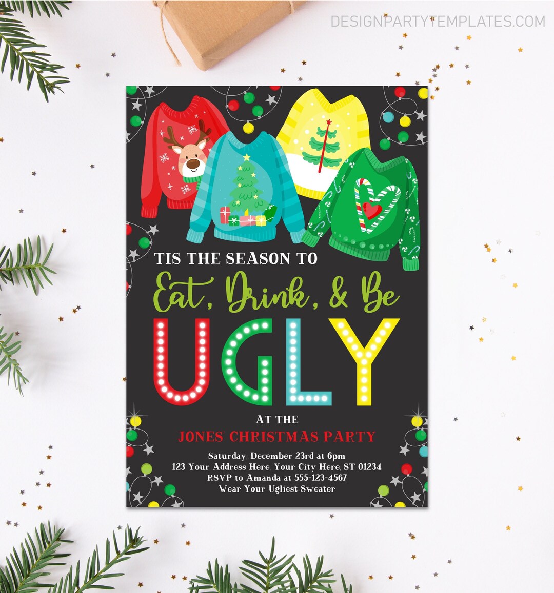Editable Ugly Sweater Christmas Party Invitation Template Printable ...
