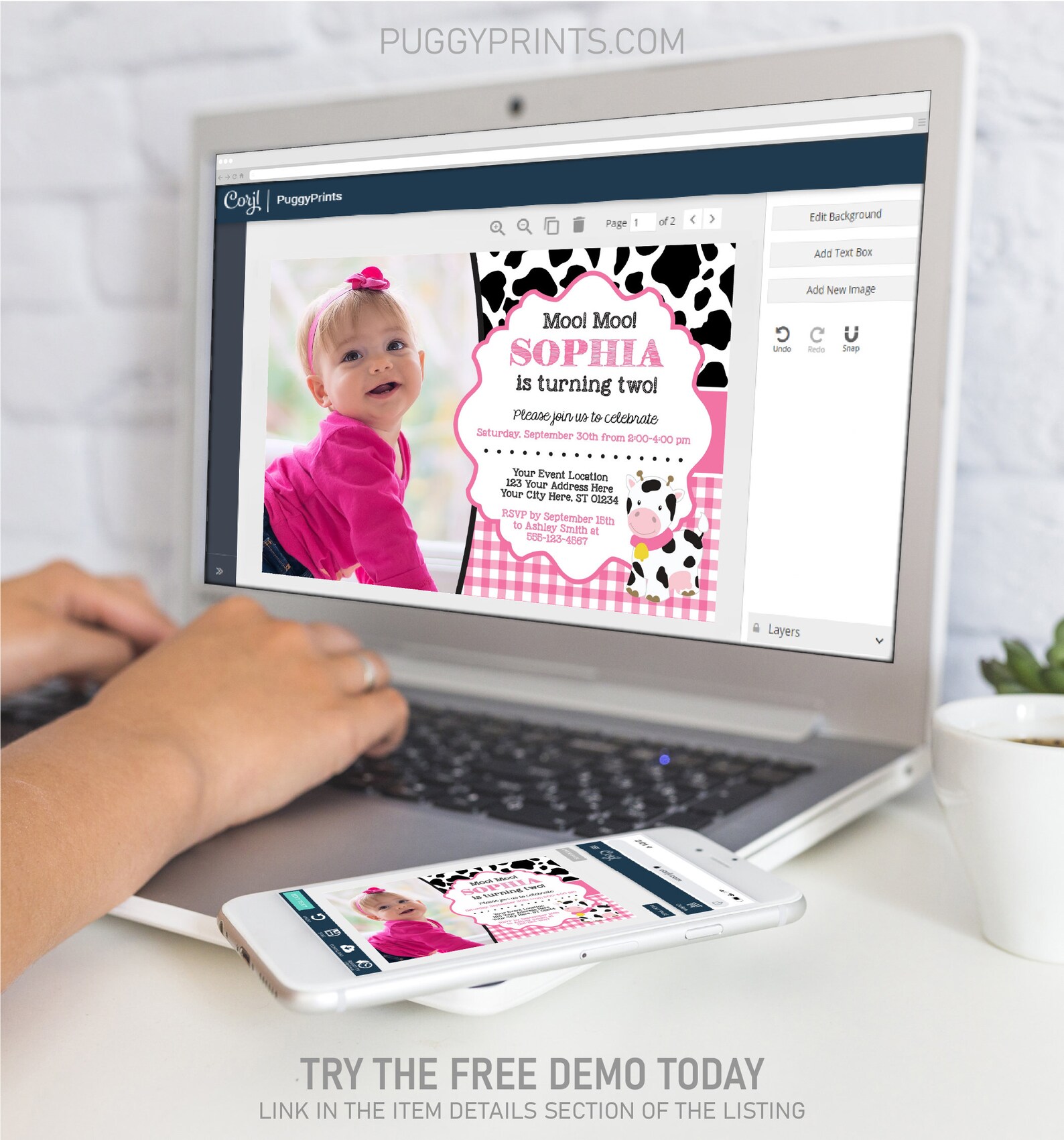 Cow Birthday Invitation in Pink With Photo Editable Template - Etsy