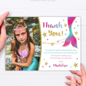 Mermaid Thank You Card, Editable Mermaid Birthday Thank You Card ...