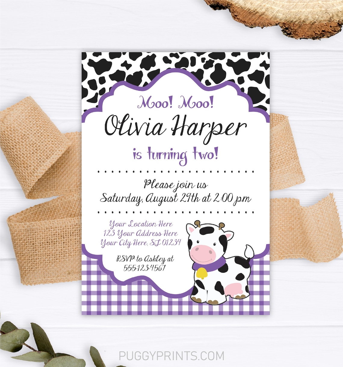 Cow Birthday Invitation Editable Cow Invitation Purple Farm - Etsy