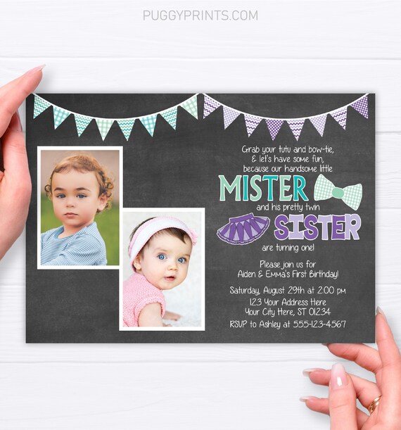 Tutus and Ties Twin Birthday Invitation, Editable Mister and Sister ...