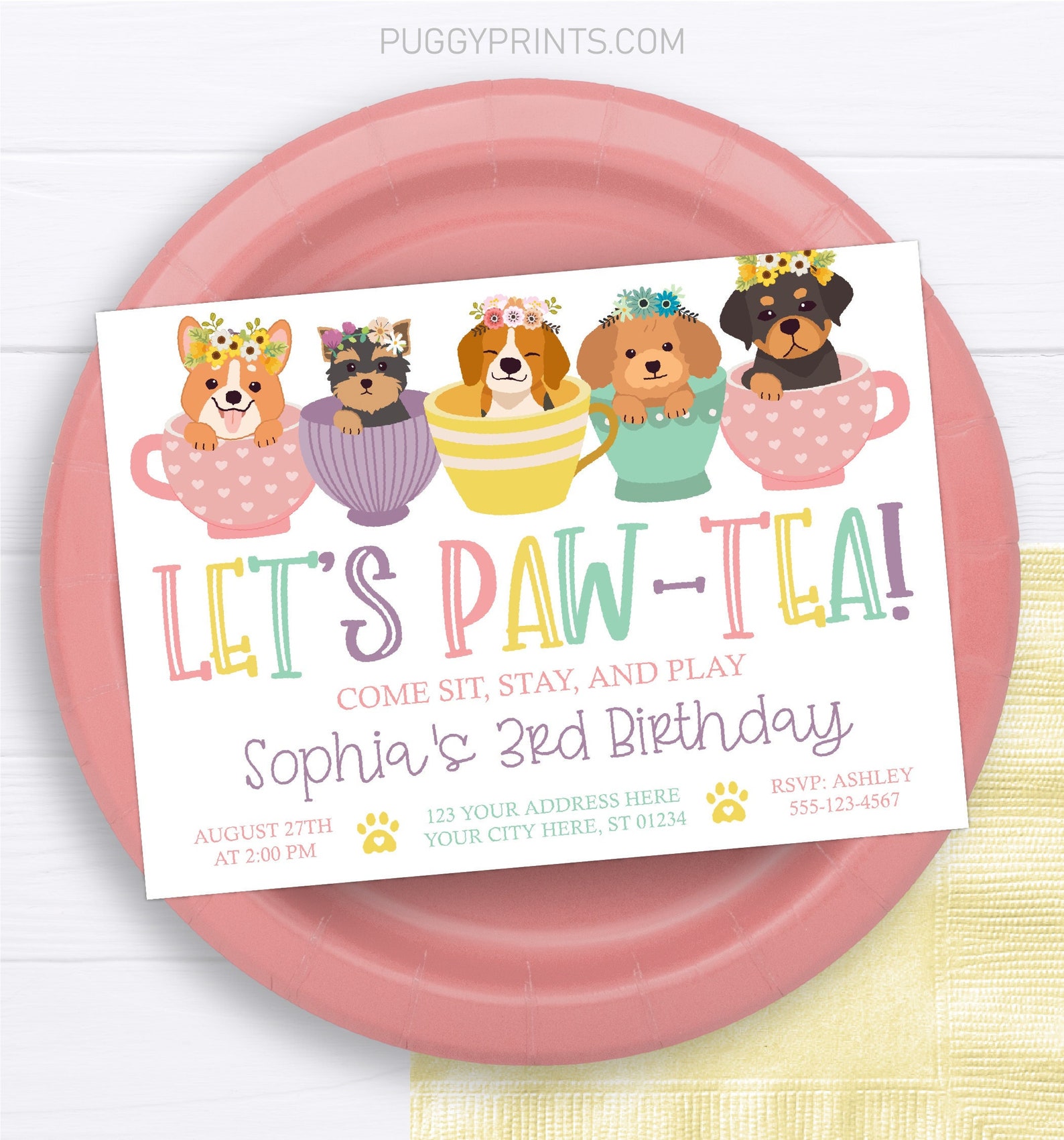 Dog Tea Party Birthday Invitation Editable Let's Paw Tea - Etsy