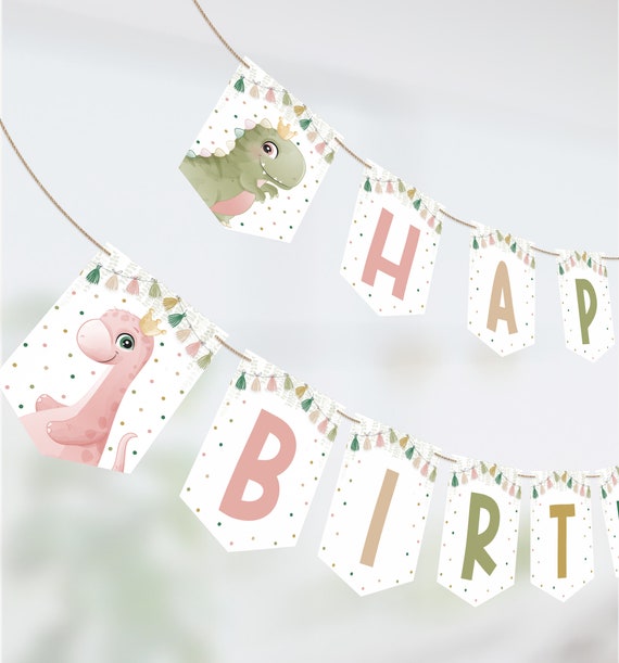 Girl Dinosaur Happy Birthday Banner, Printable Dinosaur Banner, Girl ...