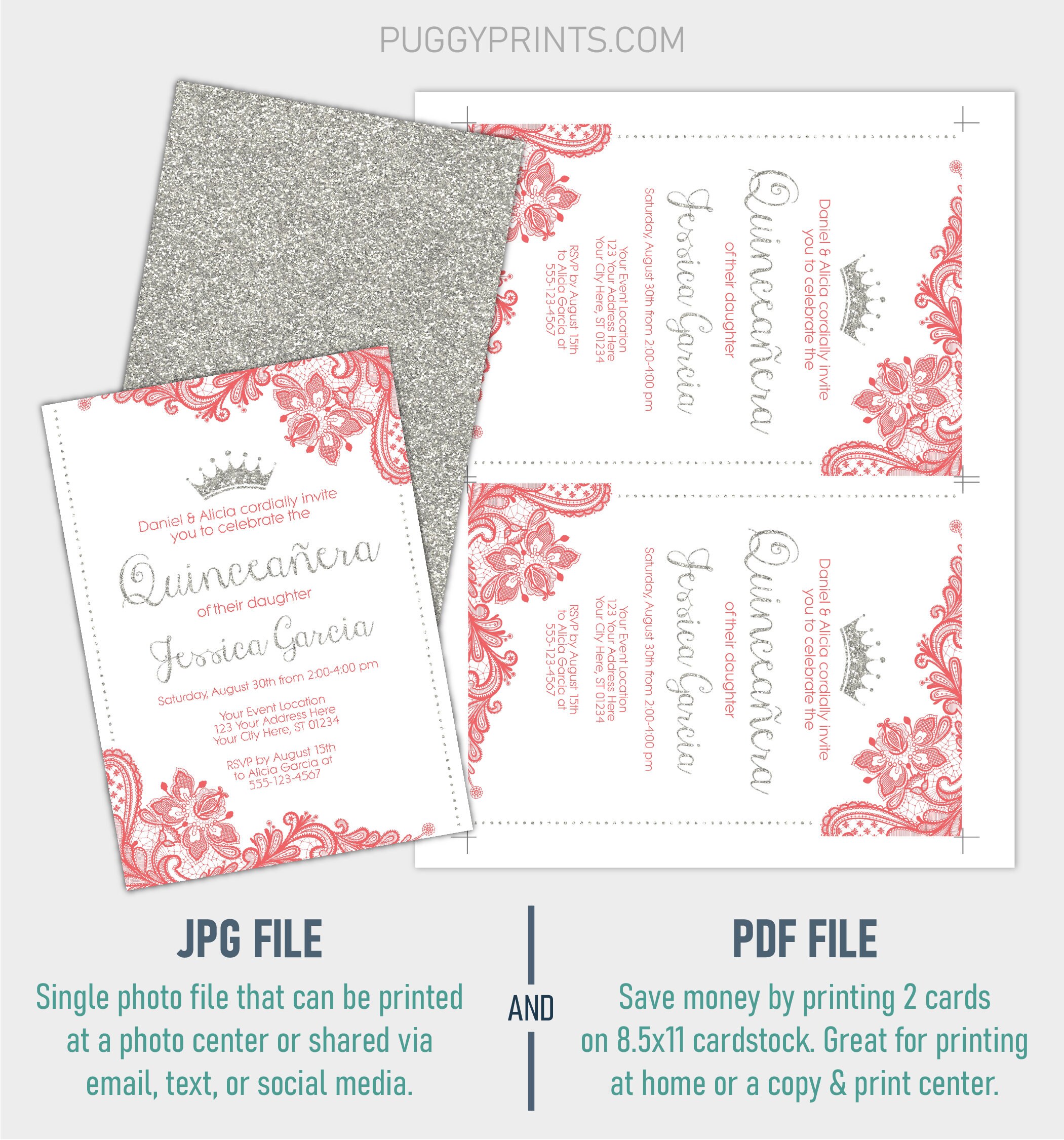 Quinceanera Invitation Princess Lace Coral and Gold | Etsy