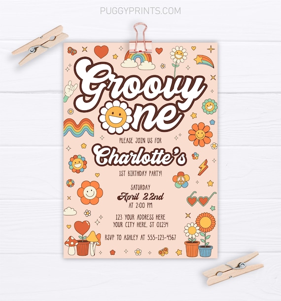 Groovy One Invitation, Editable Groovy Birthday Invitation Template ...