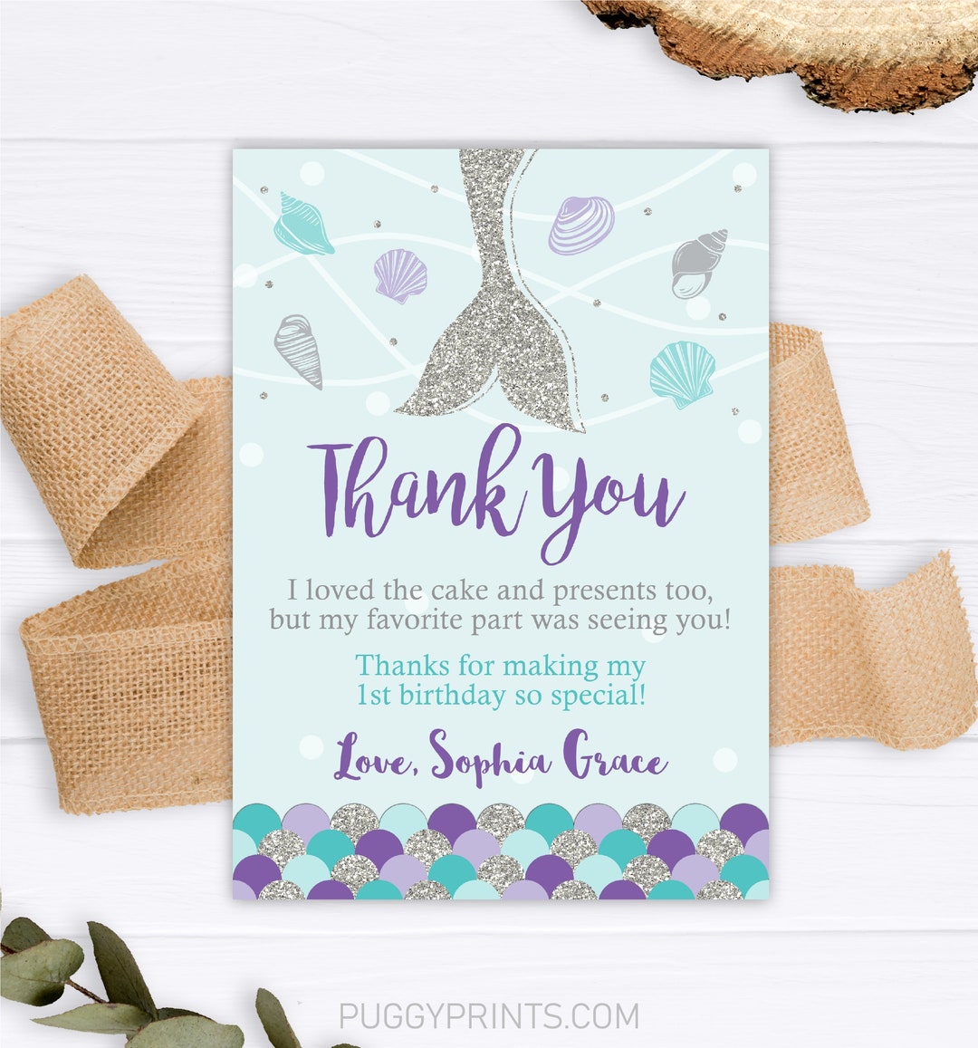 Mermaid Thank You Card, Editable Mermaid Birthday Thank You Card ...