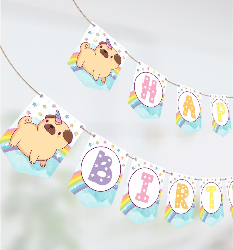 Pug Unicorn Happy Birthday Banner Printable Pug Banner - Etsy