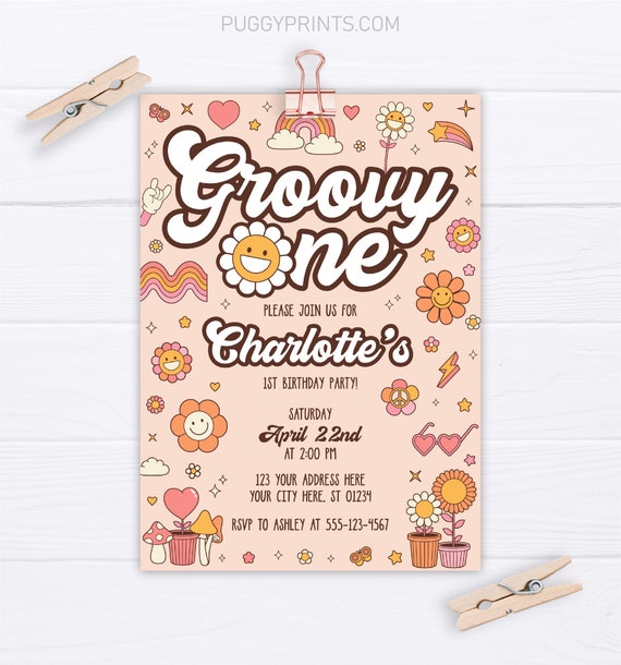 Groovy One Invitation, Editable Groovy Birthday Invitation Template ... Groovy One Invitation, Editable Groovy Birthday Invitation Template ...