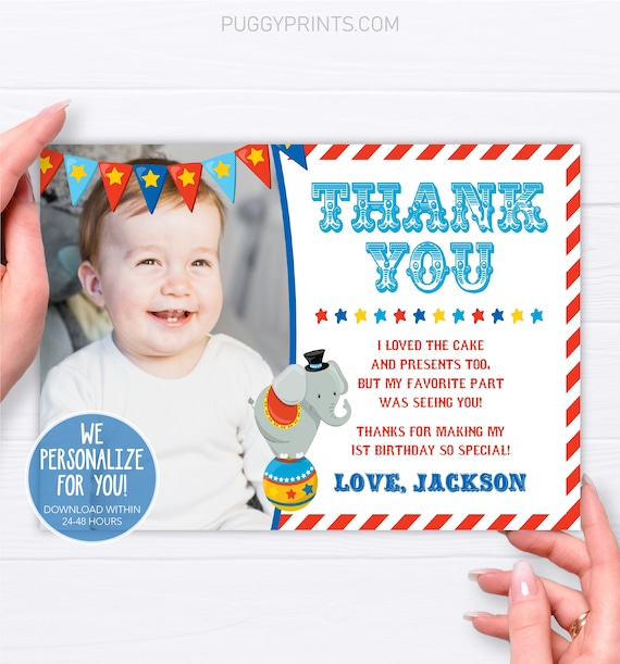 Circus Birthday Thank You Card with Photo, Printable Circus Thank You Card, Personalized ...