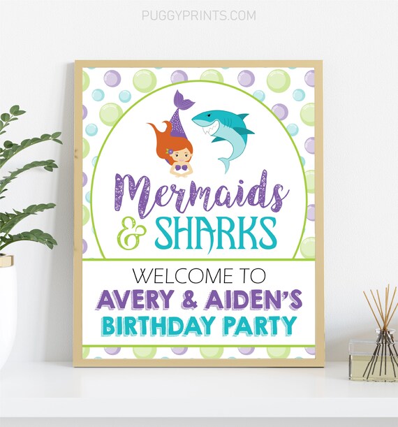Sharks and Mermaids Party Sign, Editable Mermaid and Sharks Welcome ...