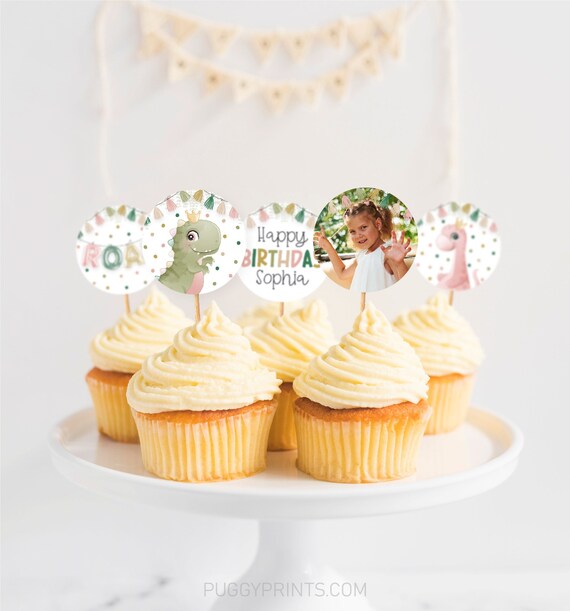 Girl Dinosaur Birthday Cupcake Toppers, Editable Dinosaur Cupcake ...