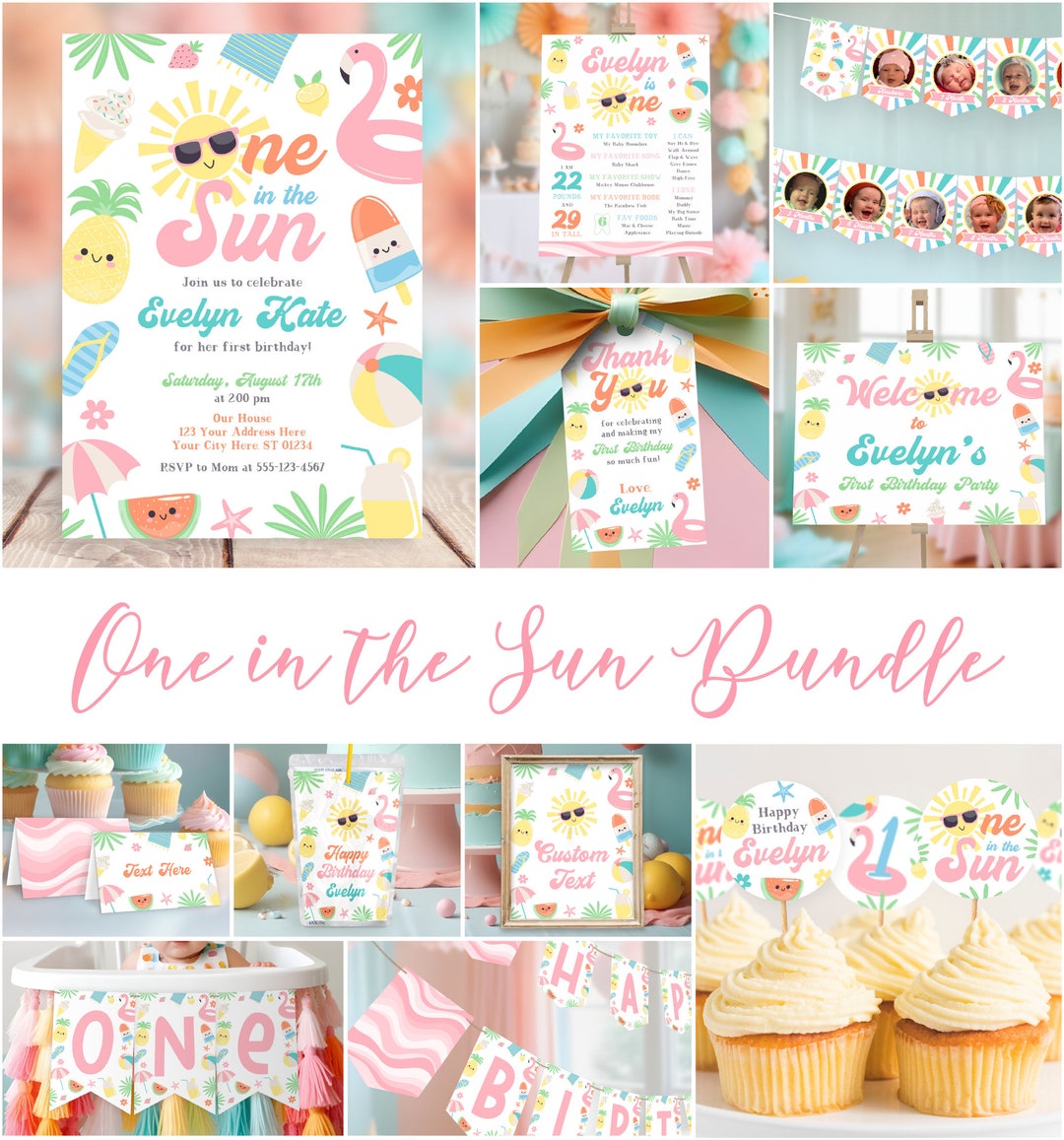 One in the Sun Birthday Party Pack: Editable Summer Decor (digital ...