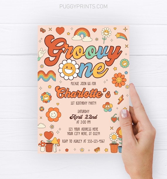 Groovy One Invitation, Editable Groovy Birthday Invitation Template ...