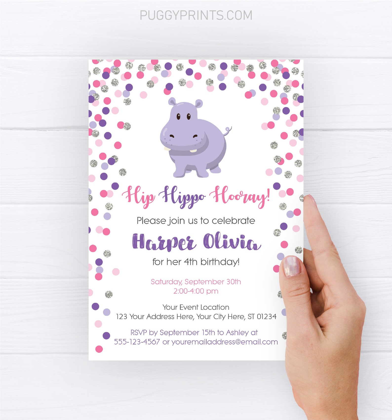 Hippo Birthday Invitation Hippopotamus Invitation Purple - Etsy