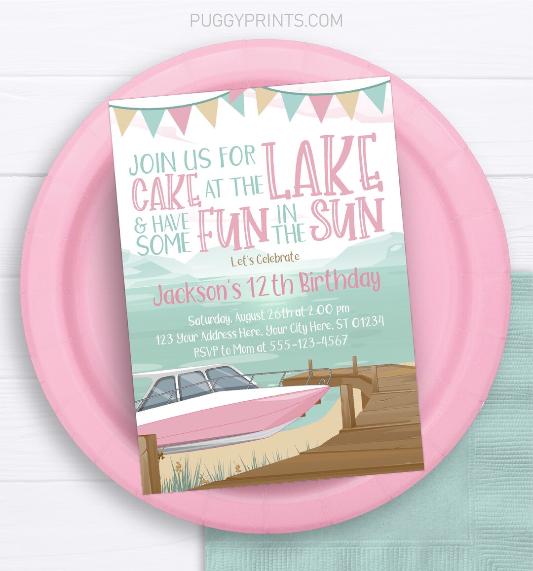 Lake Birthday Invitation: Speed Boat Party, Girl's Summer Camping ...