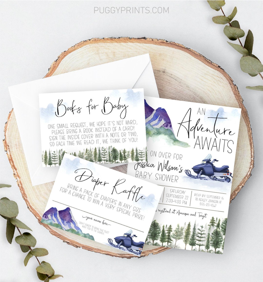 Snowmobile Baby Shower Invitation Bundle, Winter Nature Baby Shower ...