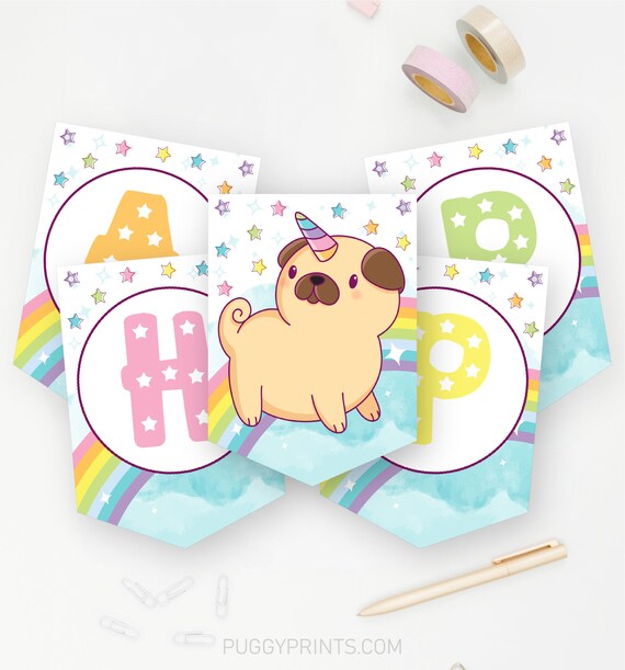 Pug Unicorn Happy Birthday Banner Printable Pug Banner - Etsy