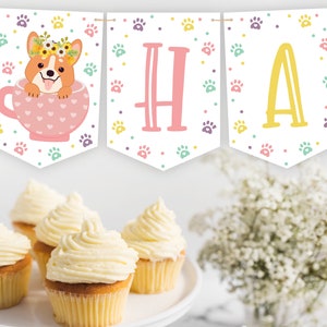 Dog Tea Party Happy Birthday Banner, Printable Dog Birthday Banner ...