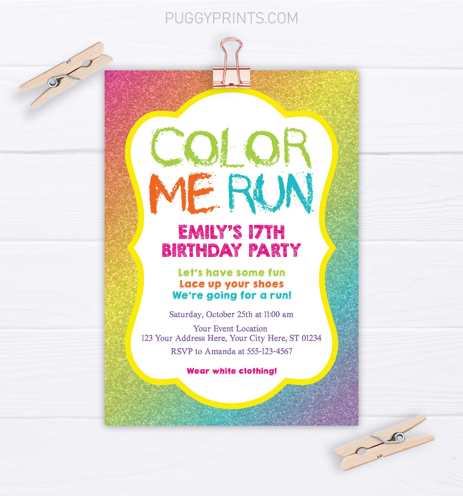 Color Run Invitation, Editable Color Run Birthday Party Invitations ...