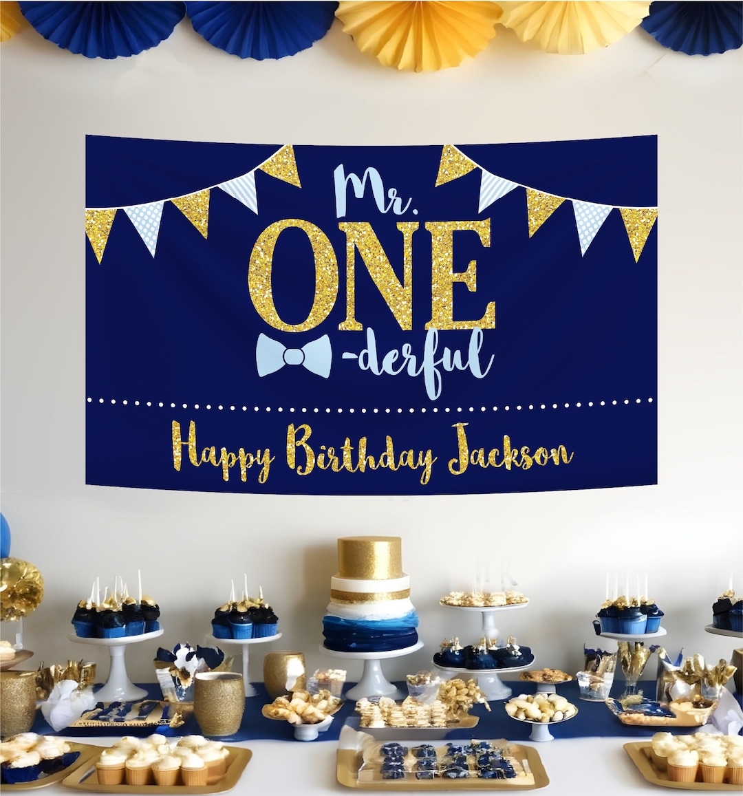 Editable Mr. Onederful Birthday Banner Template Printable Navy and Gold ...