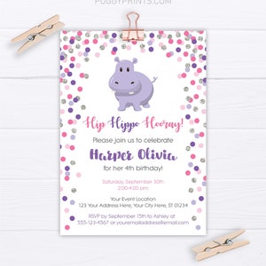 Hippo Birthday Invitation Hippopotamus Invitation Purple | Etsy