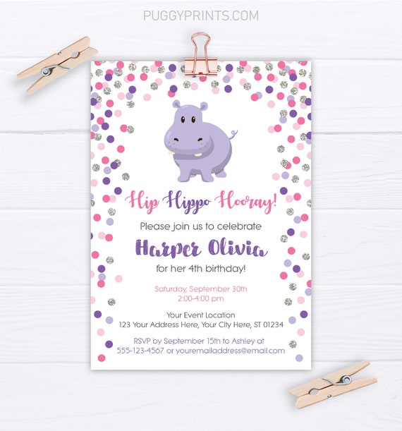 Hippo Birthday Invitation Hippopotamus Invitation Purple | Etsy