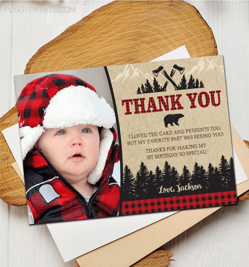 Lumberjack Birthday Thank You Card With Photo | Editable Template ...
