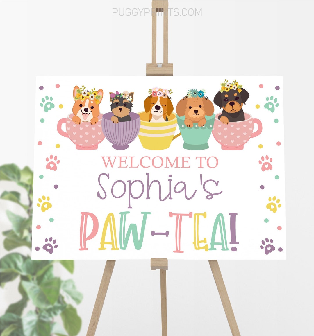 Dog Tea Party Welcome Poster, Editable Tea Party Birthday Welcome Sign ...