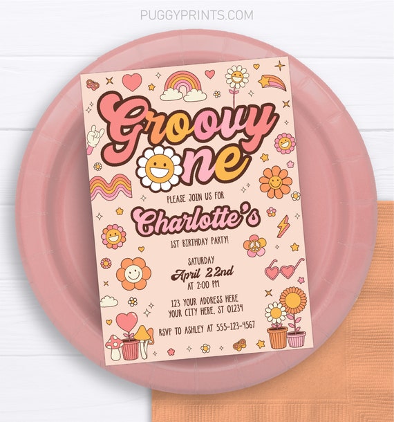 Groovy One Invitation, Editable Groovy Birthday Invitation Template ... Groovy One Invitation, Editable Groovy Birthday Invitation Template ...