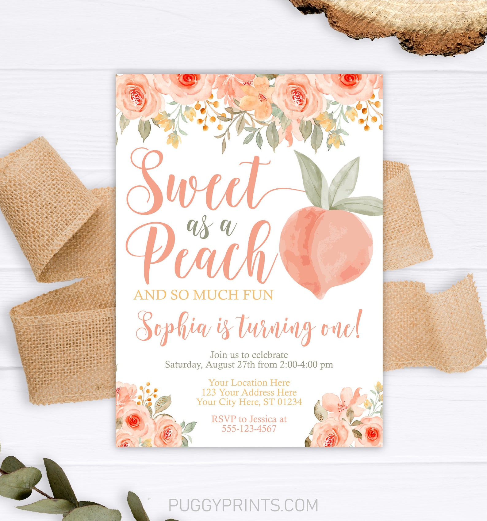 Peach Birthday Invitation Editable Sweet as a Peach - Etsy