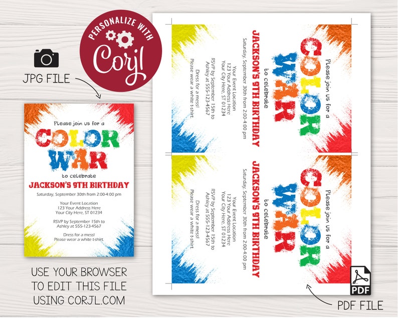 Color War Birthday Invitation Editable Template Online | Etsy