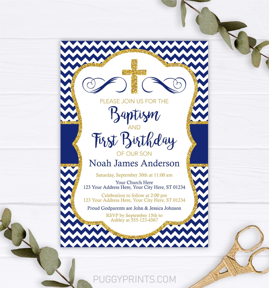 Boy Baptism and First Birthday Invitation, Editable Baptism and ...