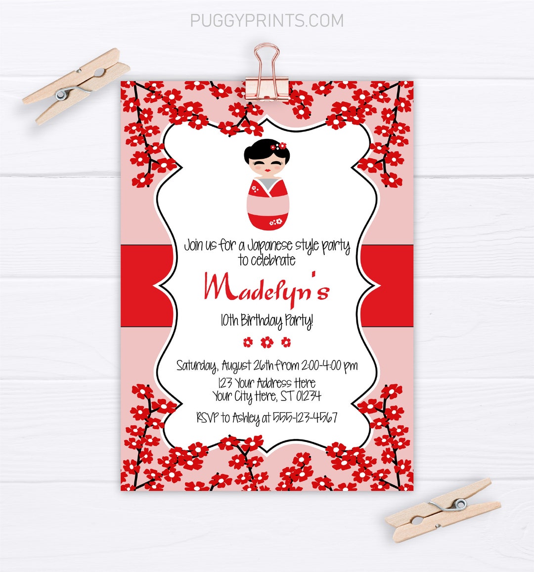 Kokeshi Doll Invitation, Editable Kokeshi Birthday Invitation Template ...