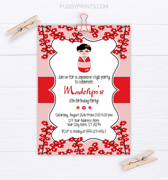 Kokeshi Doll Invitation, Editable Kokeshi Birthday Invitation Template ...