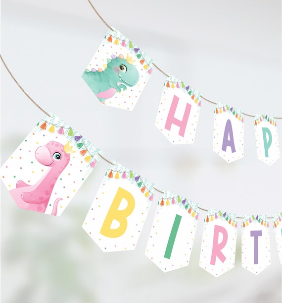 Girl Dinosaur Happy Birthday Banner, Printable Dinosaur Banner, Girl ...