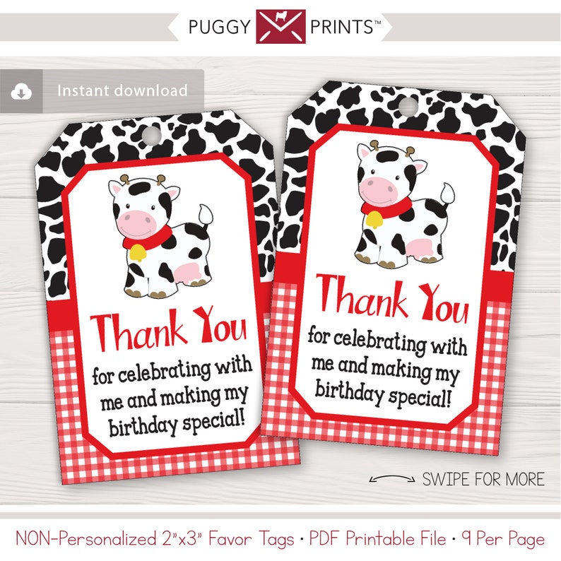 Cow Birthday Favor Tags in Red and Black Printable Instant - Etsy