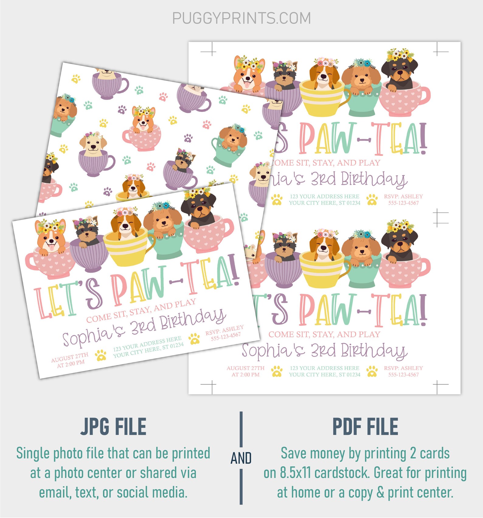 Dog Tea Party Birthday Invitation Editable Let's Paw Tea - Etsy