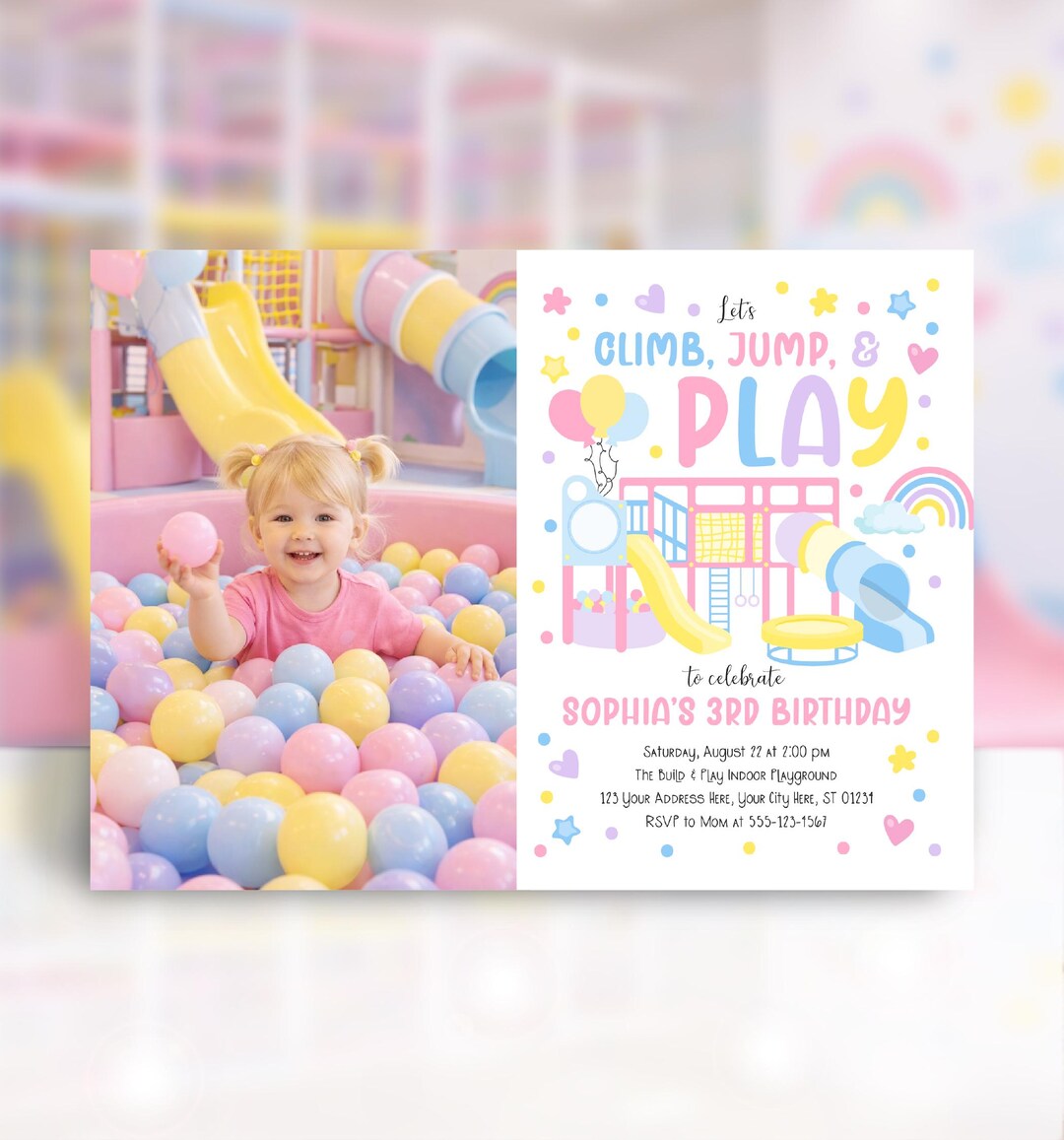 Indoor Playground Birthday Invitation Girl, 3rd Birthday Girl Invite ...