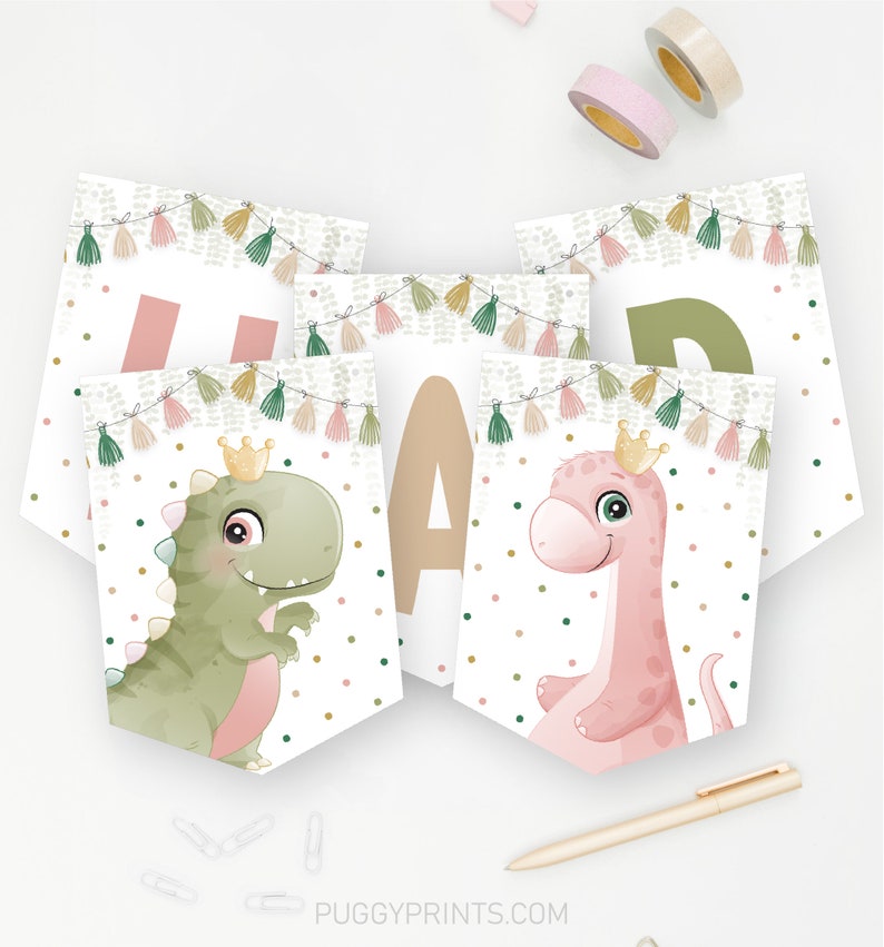 Girl Dinosaur Happy Birthday Banner Printable Dinosaur - Etsy