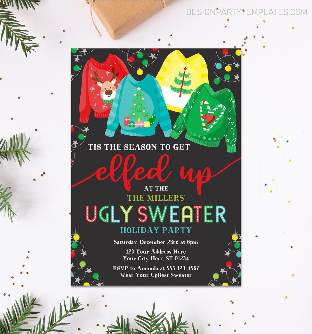 Editable Ugly Sweater Christmas Party Invitation Template Printable