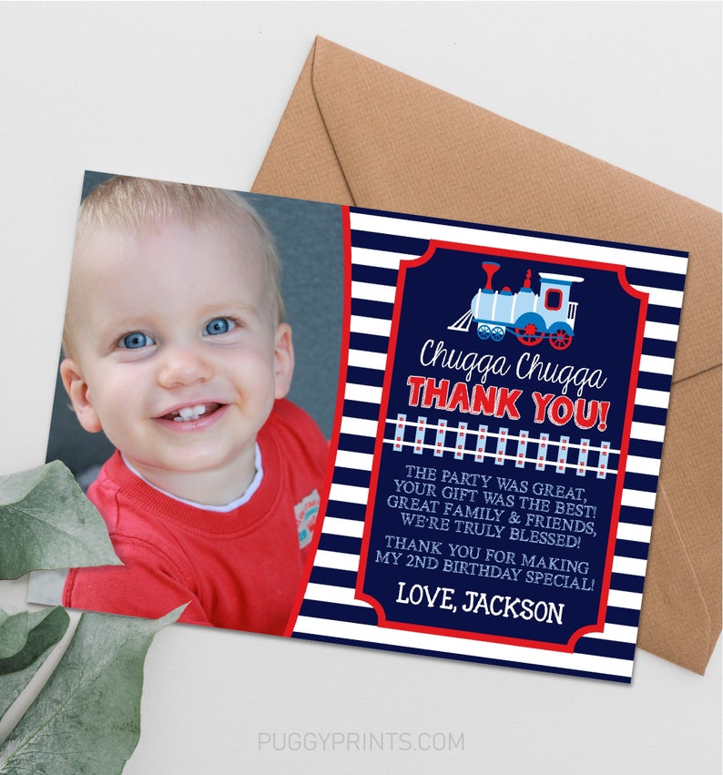 Train Birthday Thank You Card With Photo Editable Template | Etsy