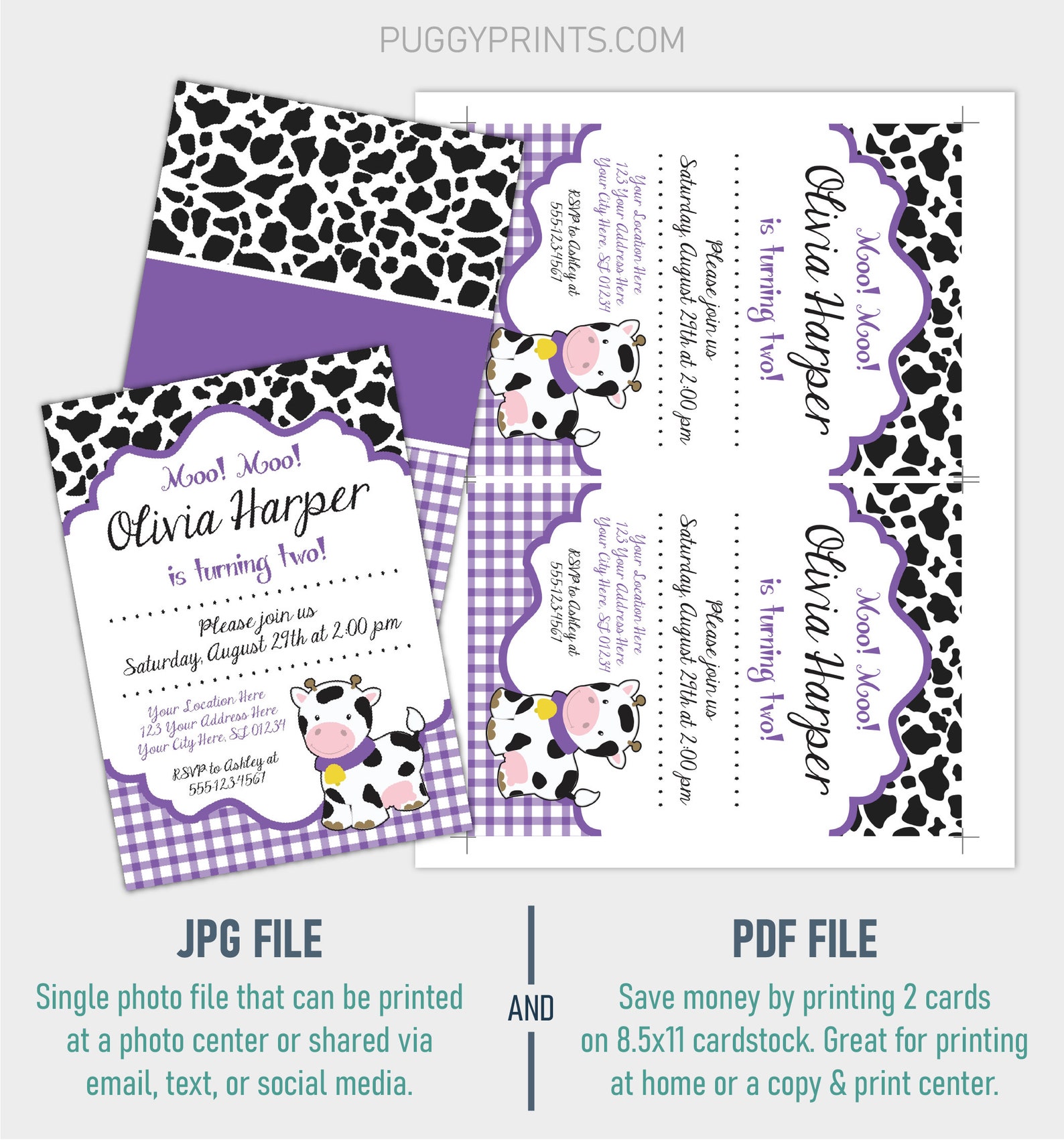 Cow Birthday Invitation Editable Cow Invitation Purple Farm - Etsy