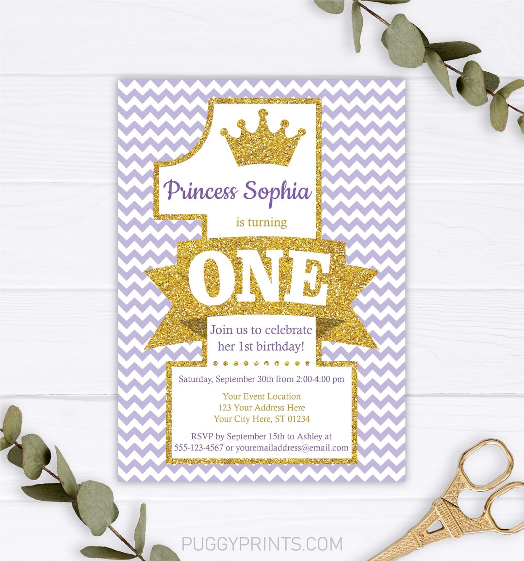 Princess First Birthday Invitation, Purple and Gold 1st Birthday ...