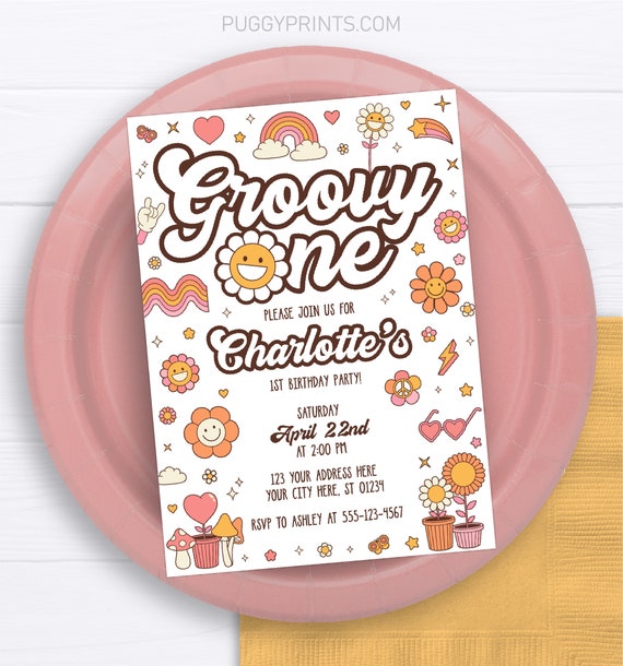 Groovy One Invitation, Editable Groovy Birthday Invitation Template ... Groovy One Invitation, Editable Groovy Birthday Invitation Template ...