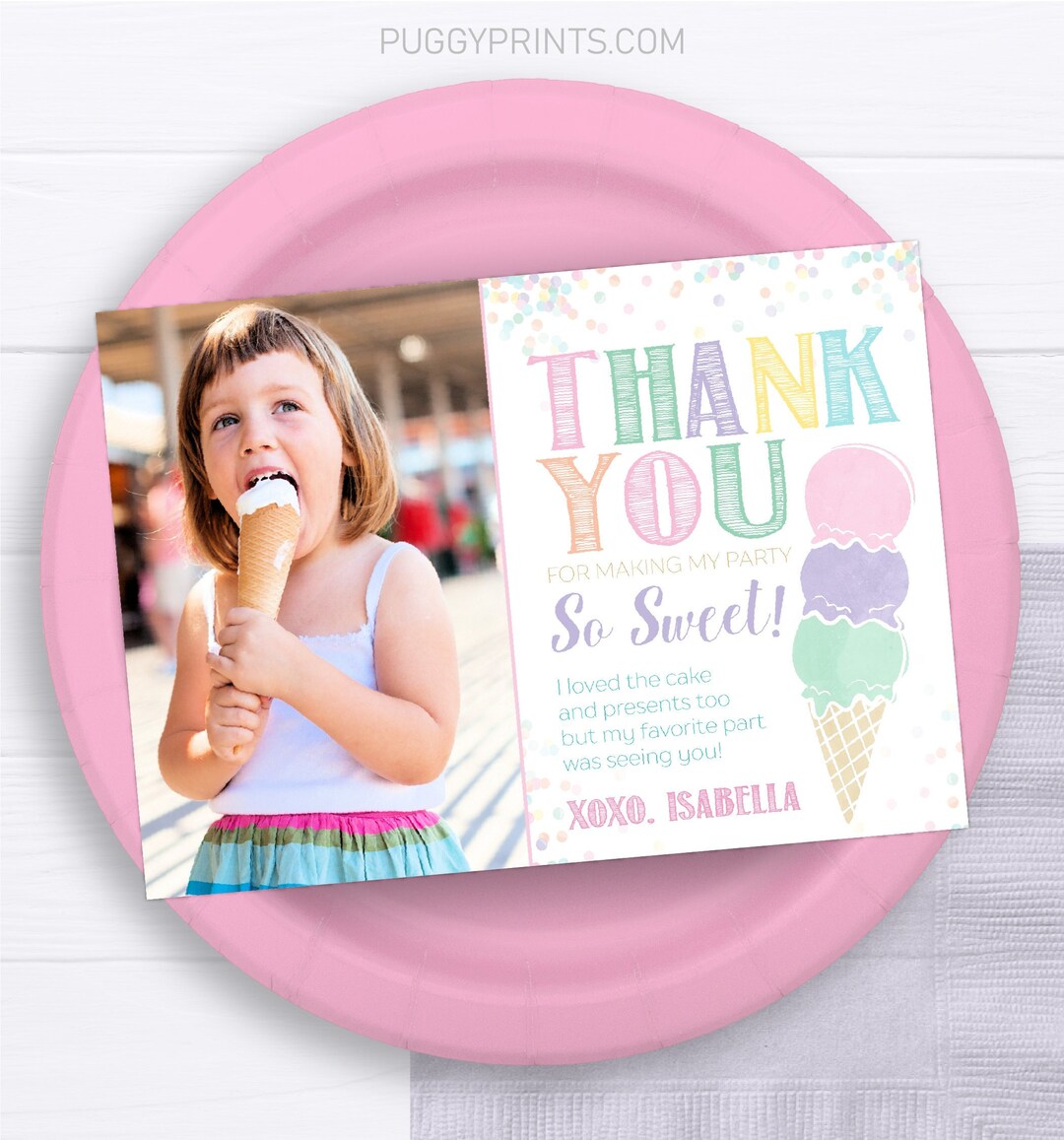Ice Cream Birthday Thank You Card, Editable Ice Cream Thank You Card ...