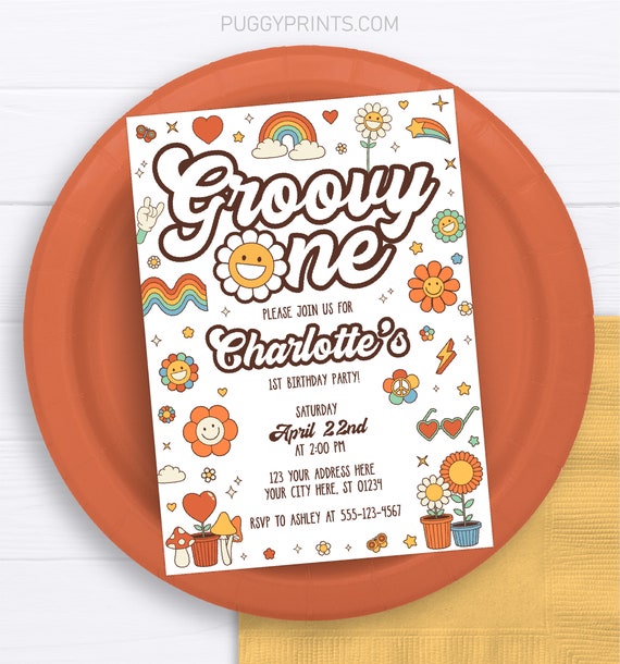 Groovy One Invitation, Editable Groovy Birthday Invitation Template ... Groovy One Invitation, Editable Groovy Birthday Invitation Template ...
