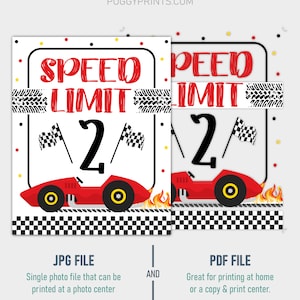 Race Car Speed Limit 2 Sign, Printable Racing 2nd Birthday Party Sign ...