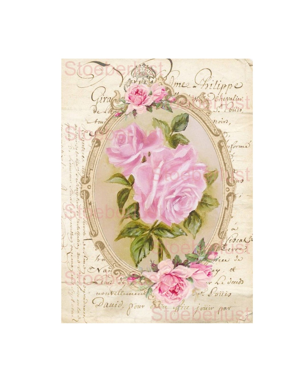Shabby Chic Vintage Frame With Pink Rose , Decalfolie, Waterslide Laser ...