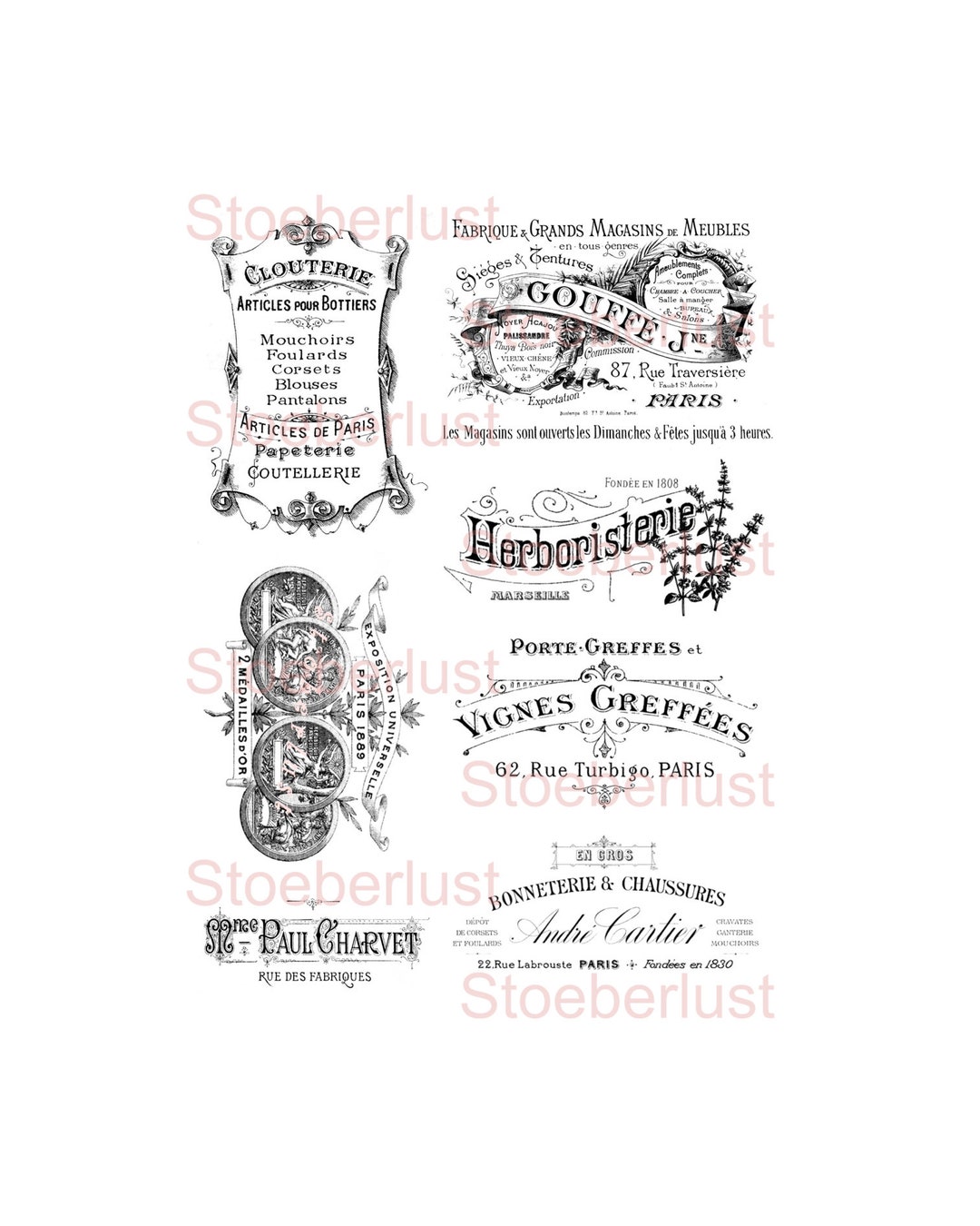 7 French Vintage Labels A4 – Rub on Classic, Water‑slide Decal, DIY ...