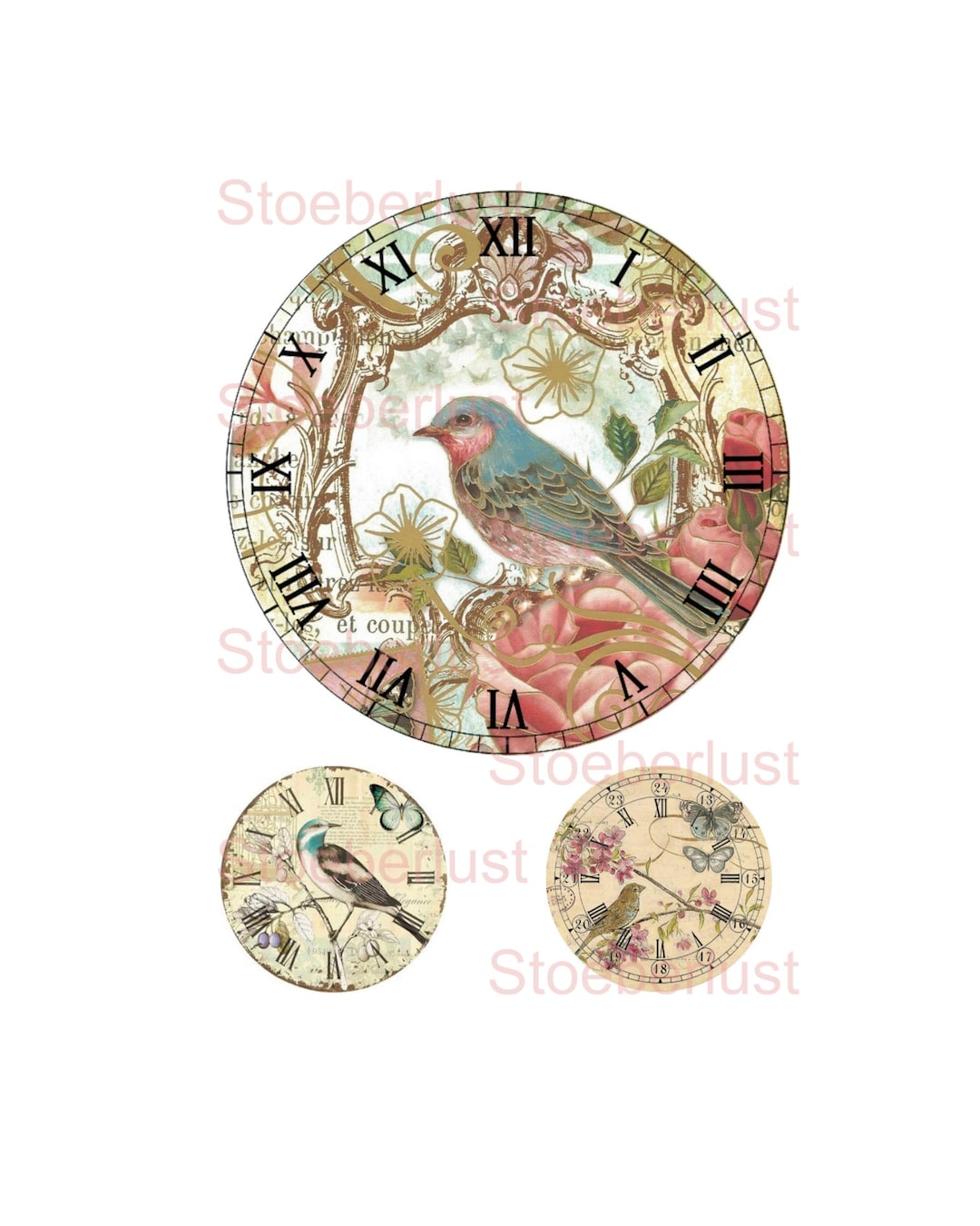 3 Vintage Clock Motifs With Artistically Illustrated Dials in Bird and ...